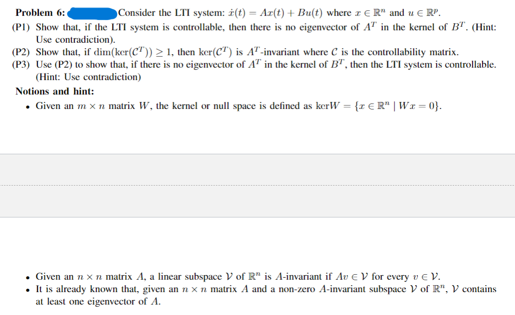 Solved Problem 6:Consider the LTI system: x˙(t)=Ax(t)+Bu(t) | Chegg.com