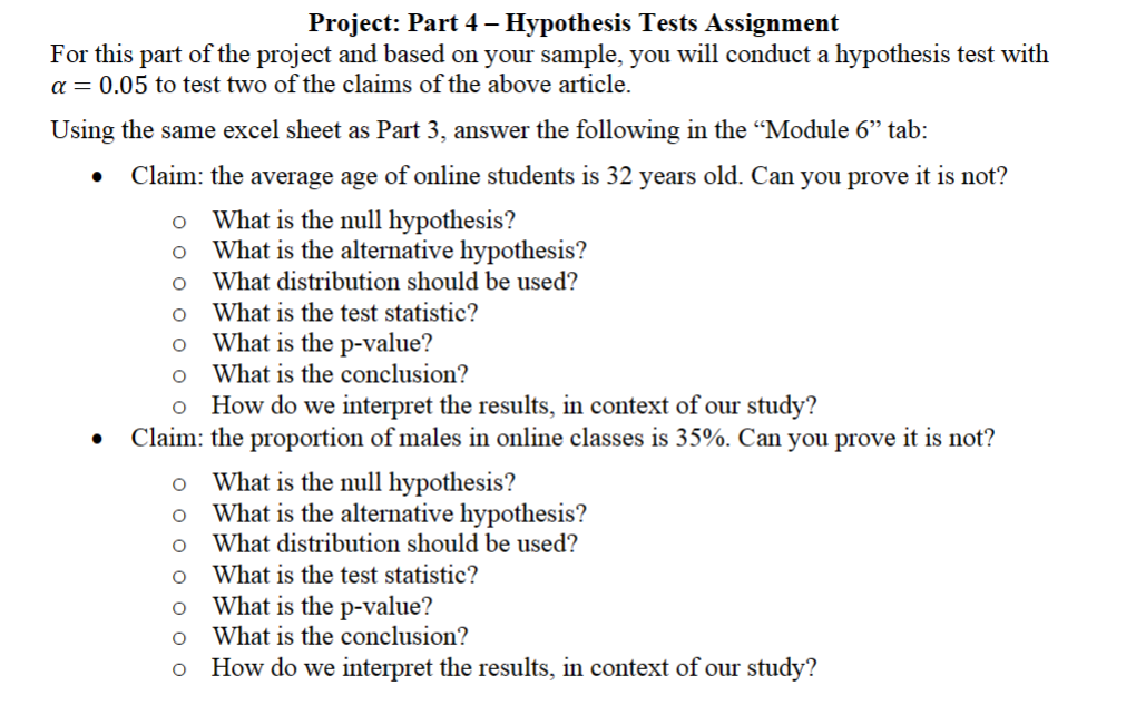 Solved Project: Part 4-Hypothesis Tests Assignment For this | Chegg.com