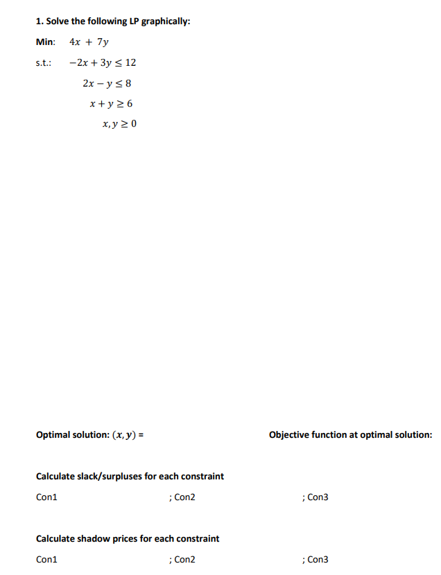 Solved 1. Solve the following LP graphically: Min: 4x+7y | Chegg.com