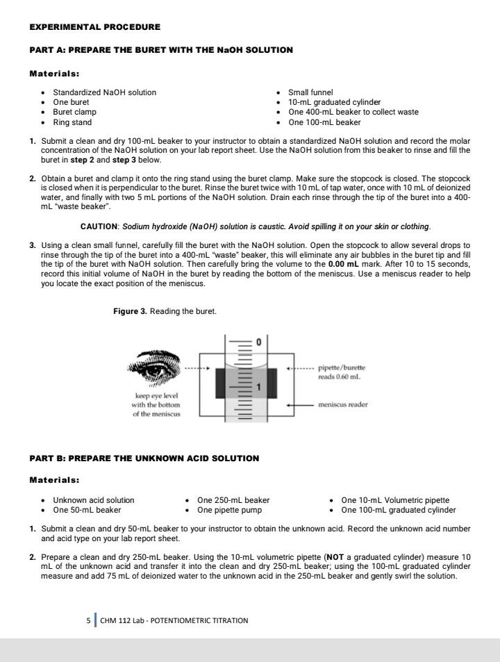 EXPERIMENTAL PROCEDURE PART A: PREPARE THE BURET WITH | Chegg.com