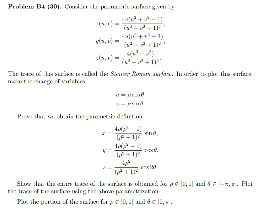 Solved Problem B4 (30). Consider the parametric surface | Chegg.com