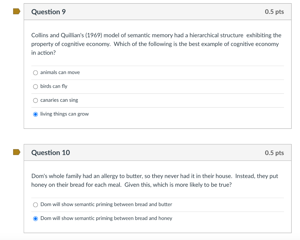 Solved Question 9 0.5 pts Collins and Quillian's (1969) | Chegg.com