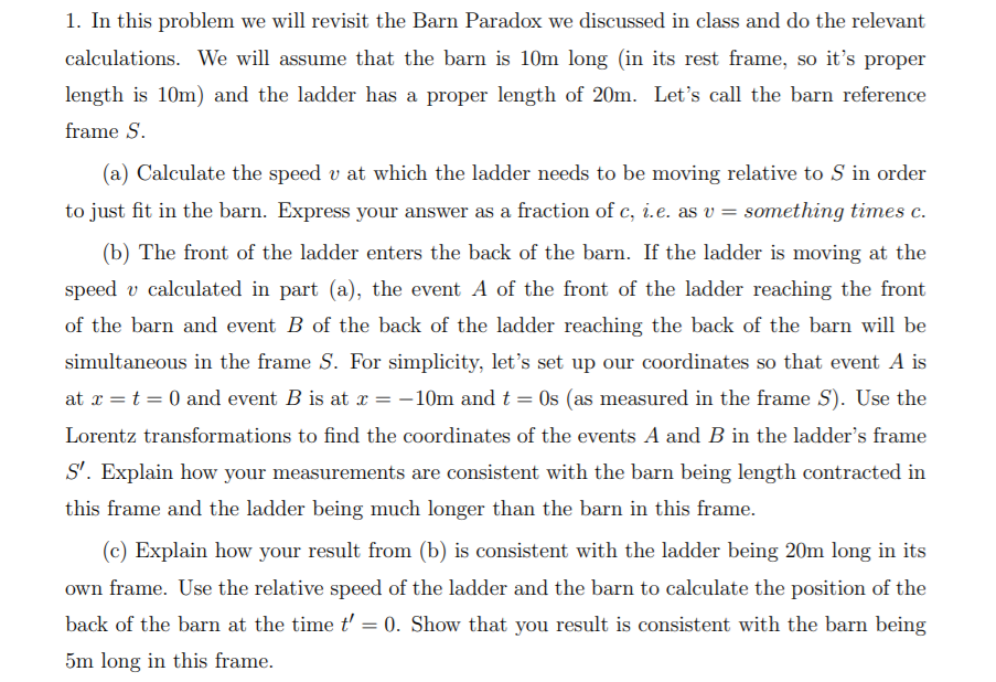 Solved 1. In this problem we will revisit the Barn Paradox | Chegg.com
