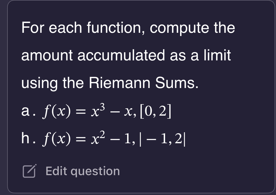 Solved For each function, compute theamount accumulated as | Chegg.com