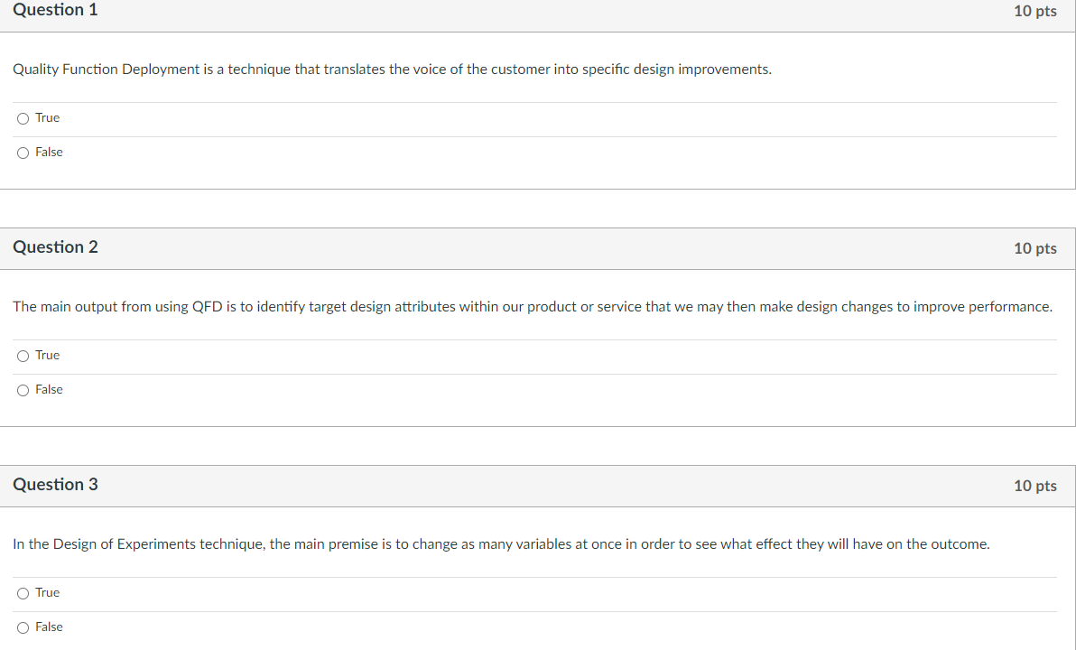 Solved Question 1 10 pts Quality Function Deployment is a | Chegg.com