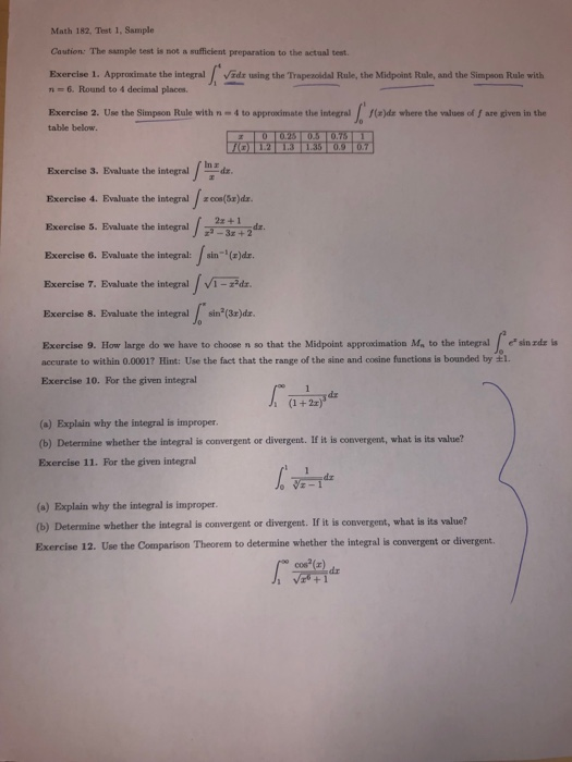 Solved Math 182, Test 1, Sample Caution: The sample test is | Chegg.com