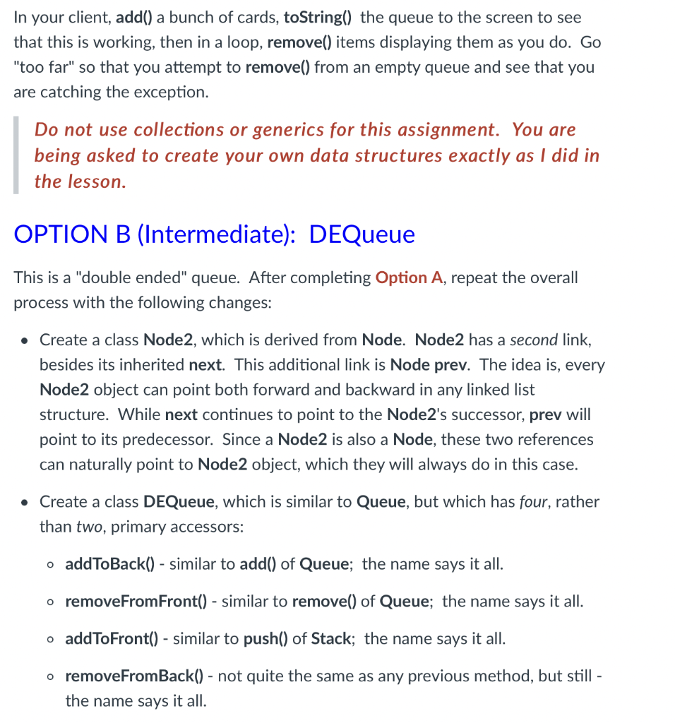 Solved OPTION A (Basic): A Queue of Cards Understand the | Chegg.com