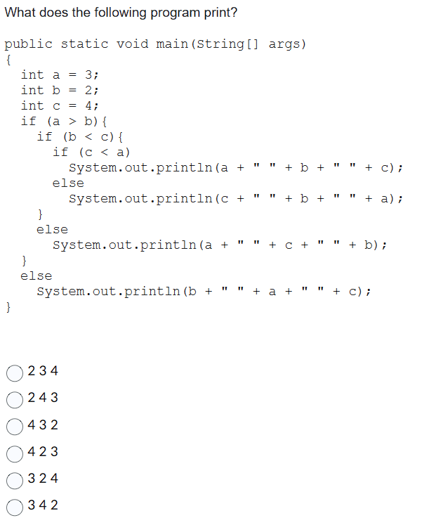 Solved What does the following program print? public static | Chegg.com