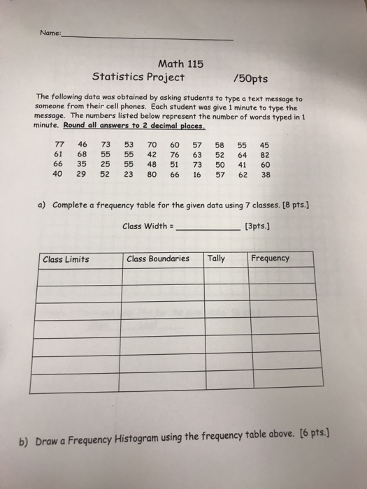 Solved Name Math 115 Statistics Project /50pts The following | Chegg.com