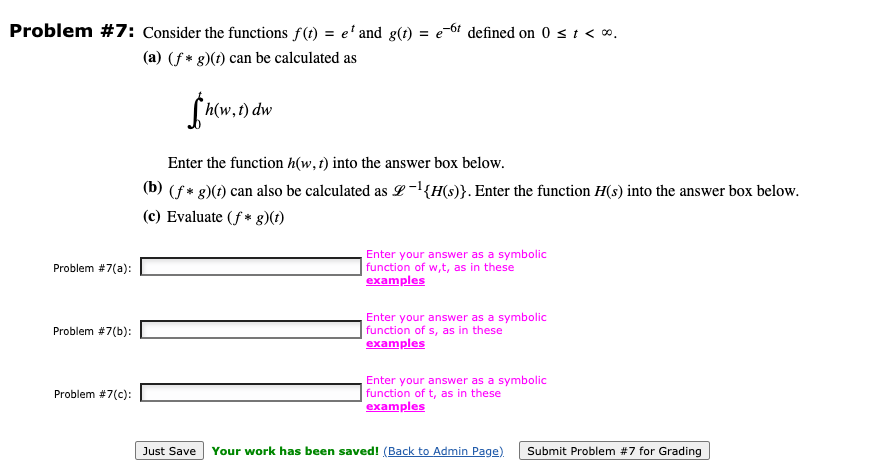 Solved Problem #7: Consider the functions f(t) = e' and g(t) | Chegg.com