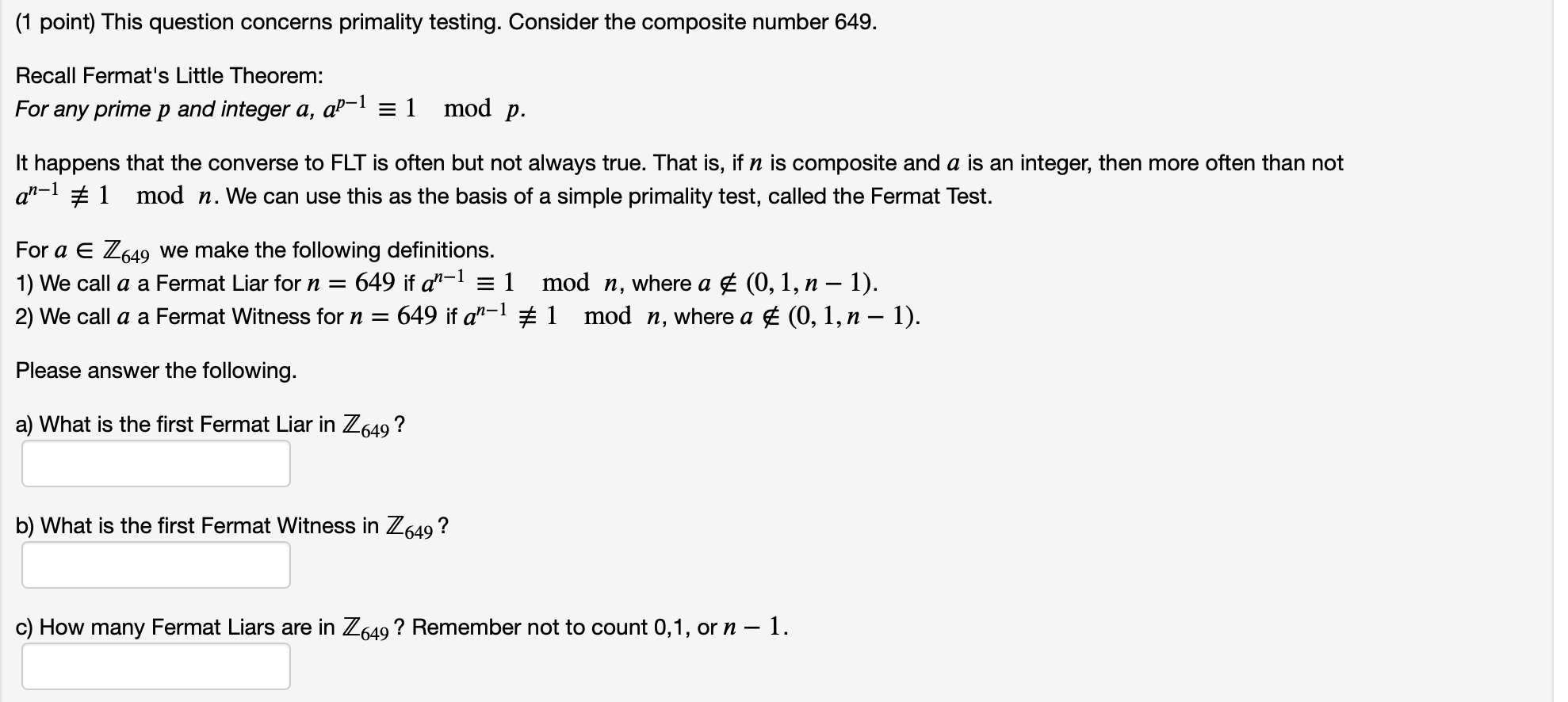 Solved (1 point) This question concerns primality testing. | Chegg.com