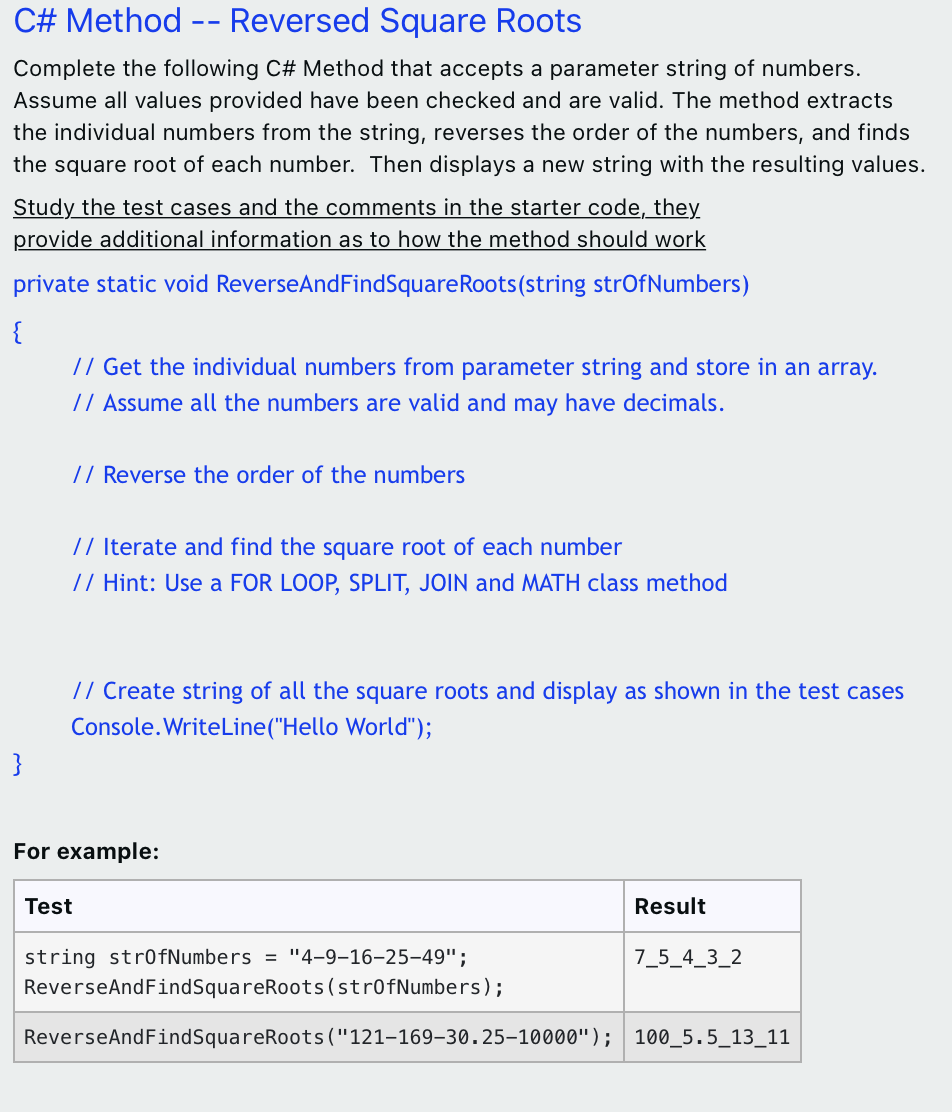 Solved C# Method -- Reversed Square Roots Complete the | Chegg.com