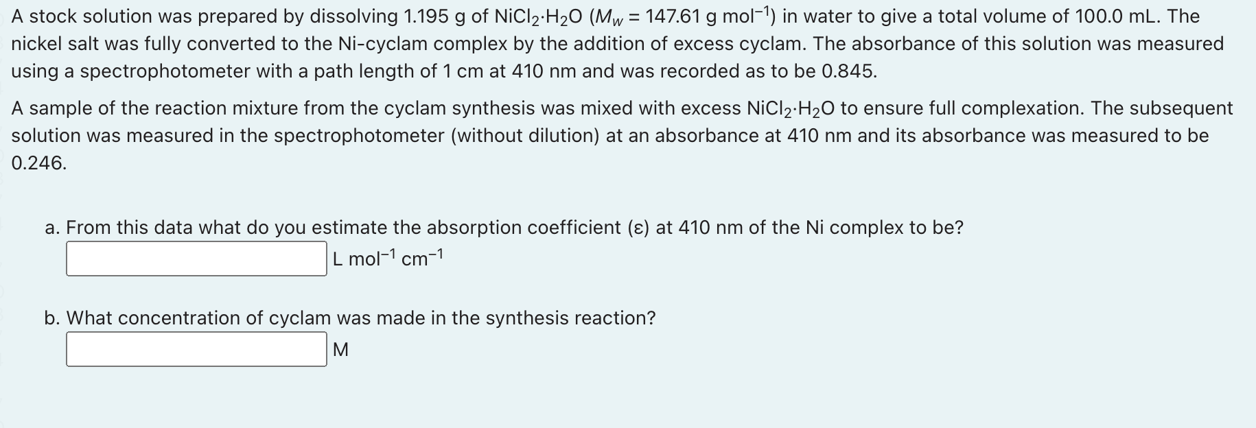 Solved A stock solution was prepared by dissolving 1.195 g | Chegg.com