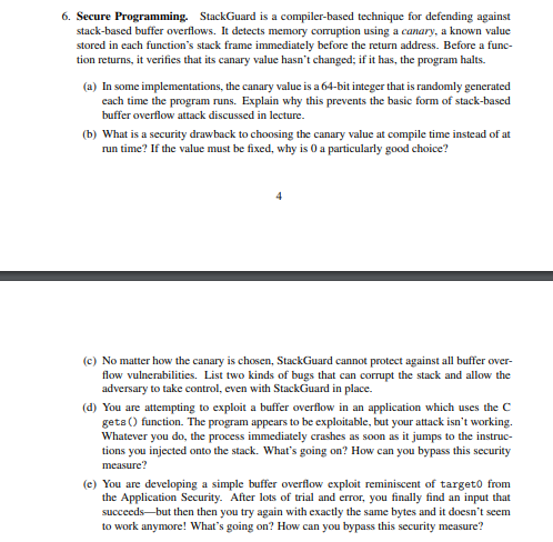 Solved 6. Secure Programming. StackGuard is a compiler-based | Chegg.com