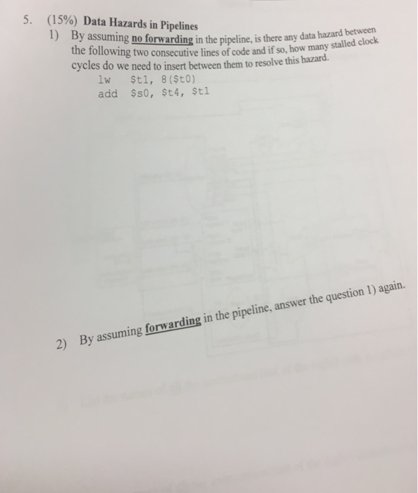 Solved 5, (15%) Data Hazards in Pipelines 1) By assuming no | Chegg.com