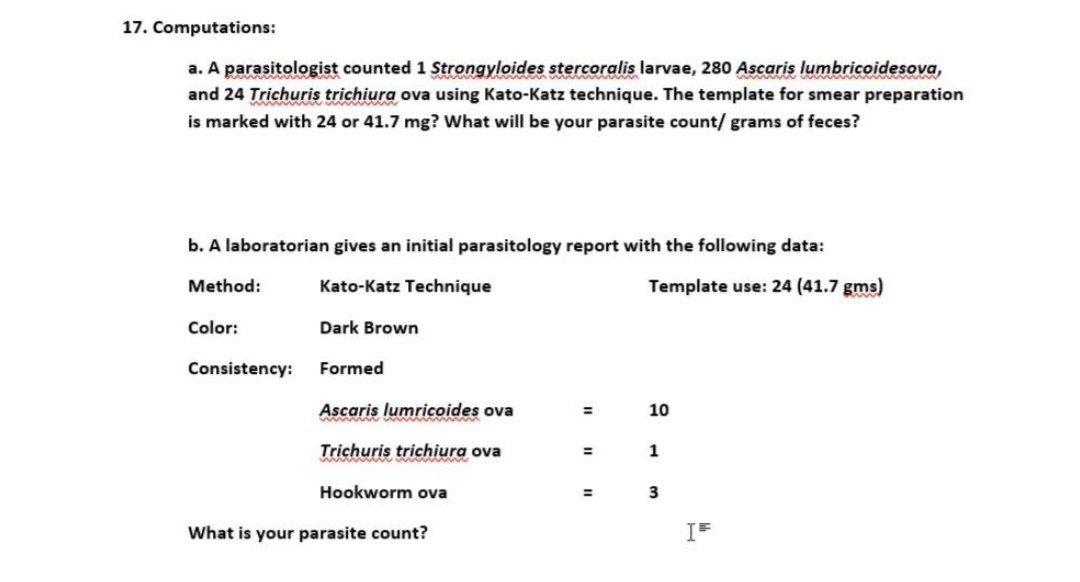 Solved 17. Computations: a. A parasitologist counted 1 | Chegg.com