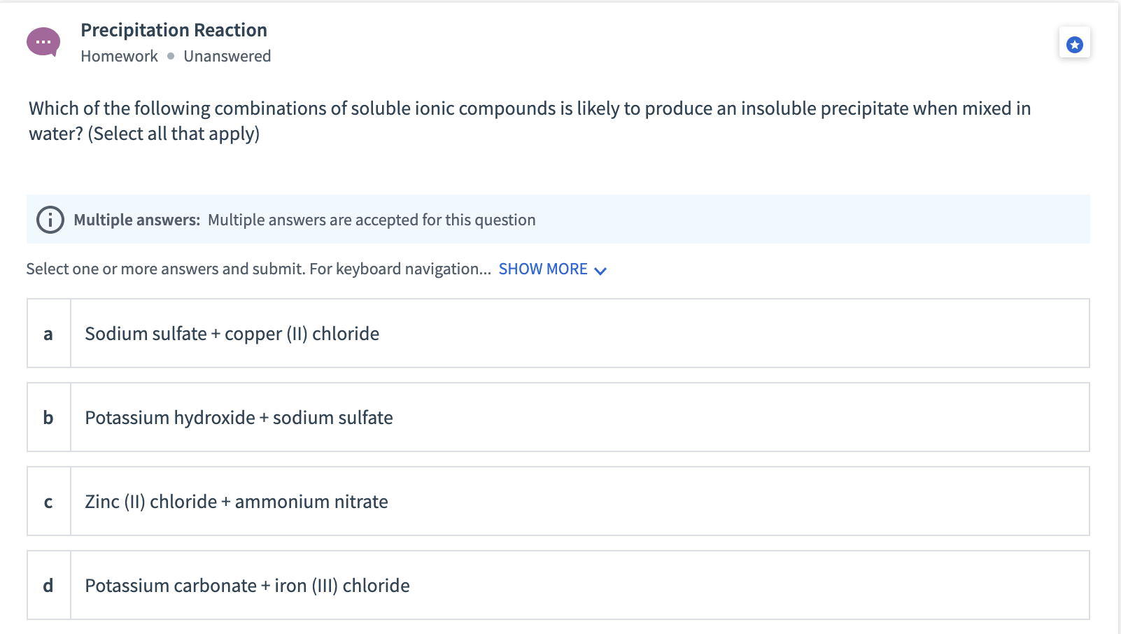 Solved Precipitation Reaction Homework. Unanswered Which of | Chegg.com