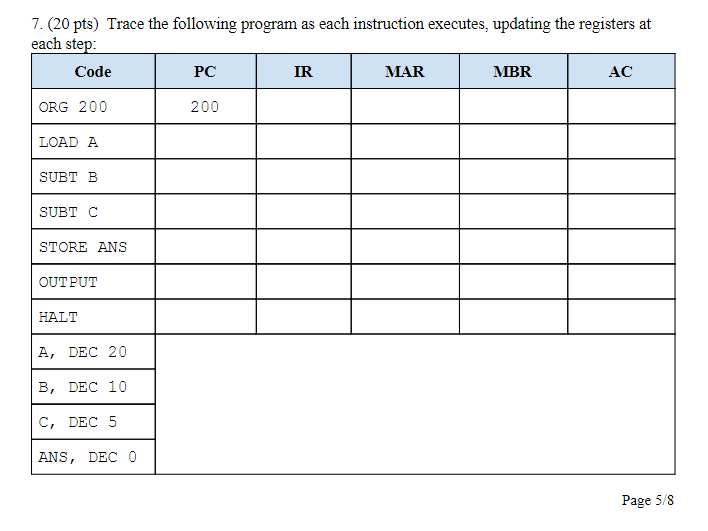7. (20 pts) Trace the following program as each | Chegg.com