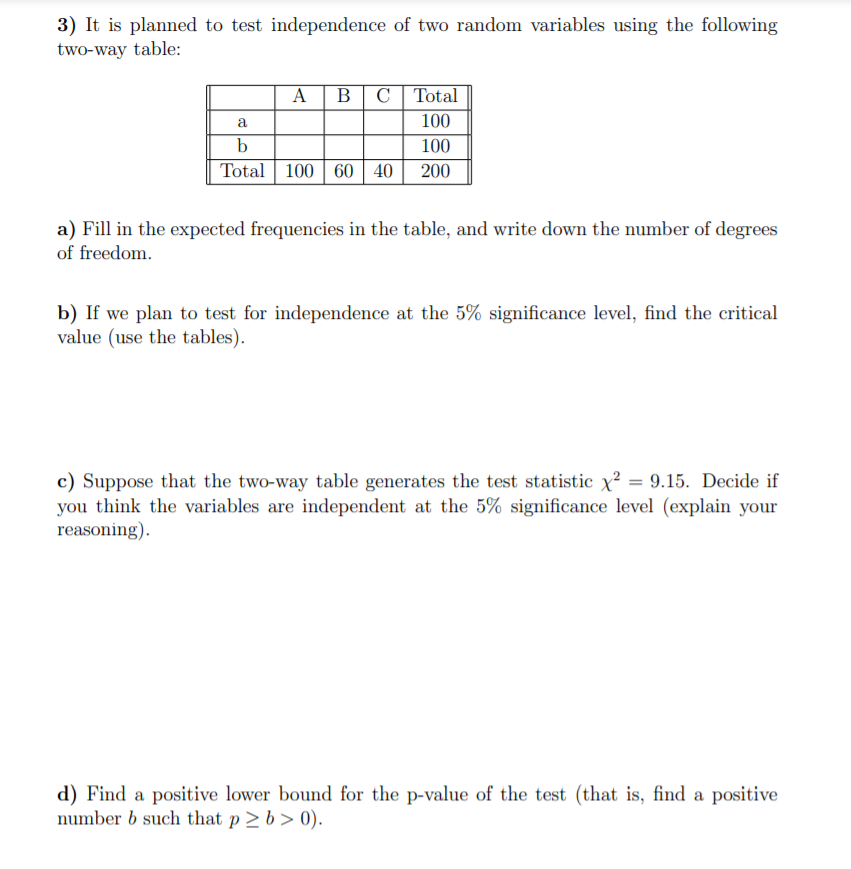 Solved 3) It is planned to test independence of two random | Chegg.com