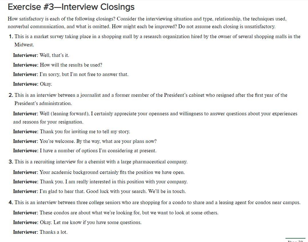 Solved Exercise #3—Interview Closings How satisfactory is | Chegg.com