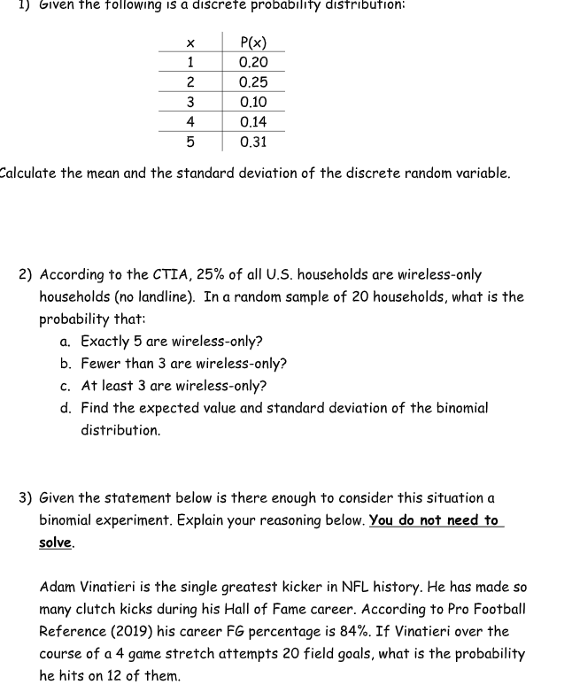 Solved 1) Given the following is a discrete probability | Chegg.com
