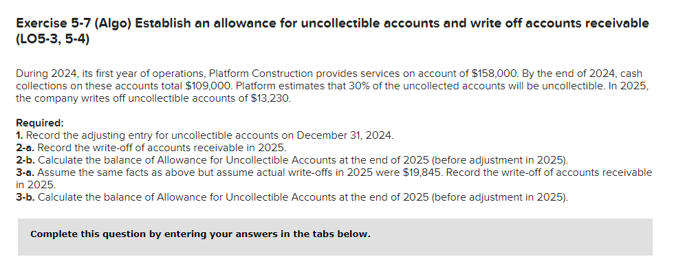 Solved Exercise 5-7 (Algo) Establish an allowance for | Chegg.com