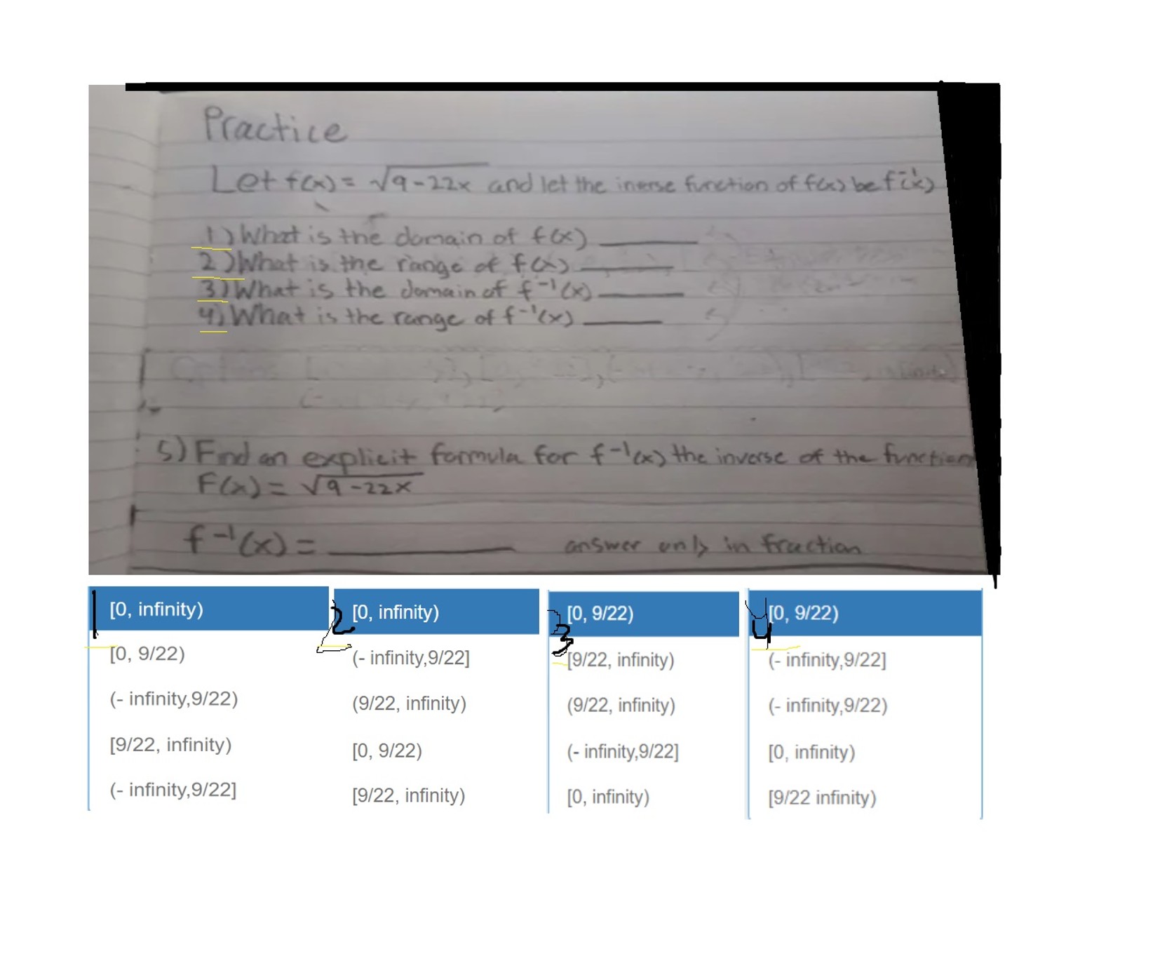 Solved PracticeLet f(x)=9-22x2 ﻿and let the inverse function | Chegg.com