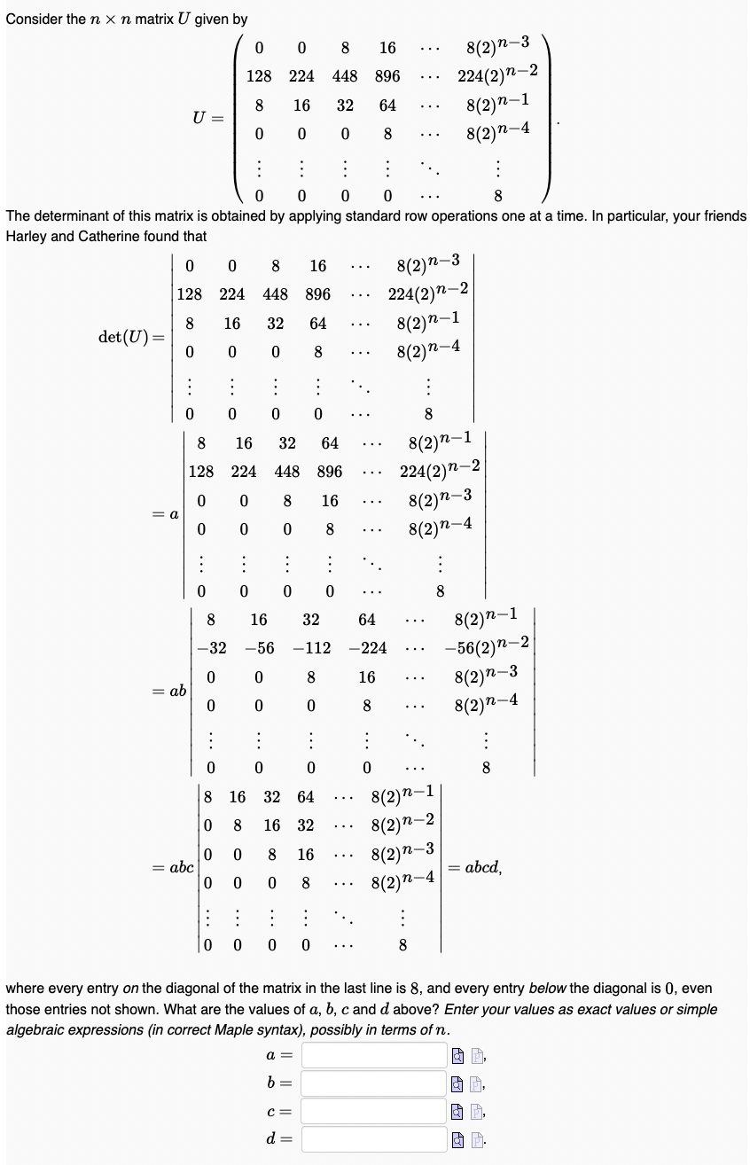Solved Consider the n×n matrix U given by | Chegg.com
