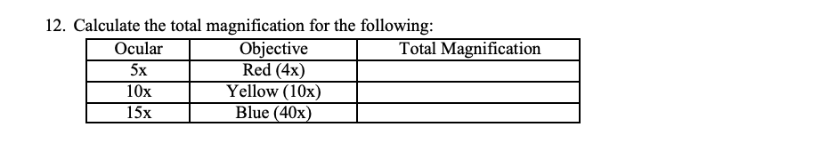 Solved 12. Calculate the total magnification for the | Chegg.com