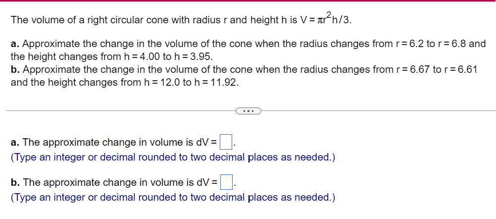 Solved The volume of a right circular cone with radius r and | Chegg.com