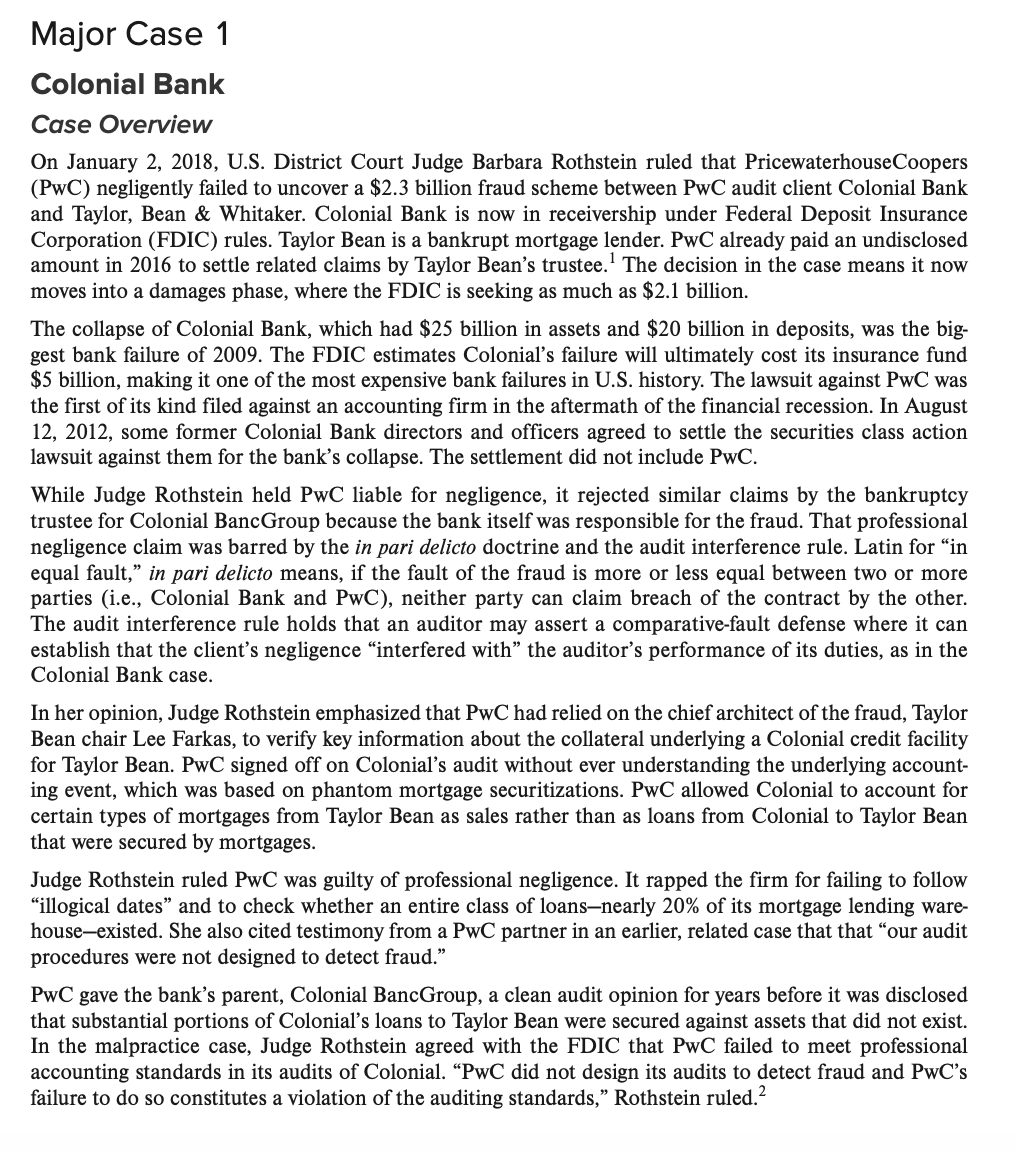 Major Case 1 Colonial Bank Case Overview On January | Chegg.com