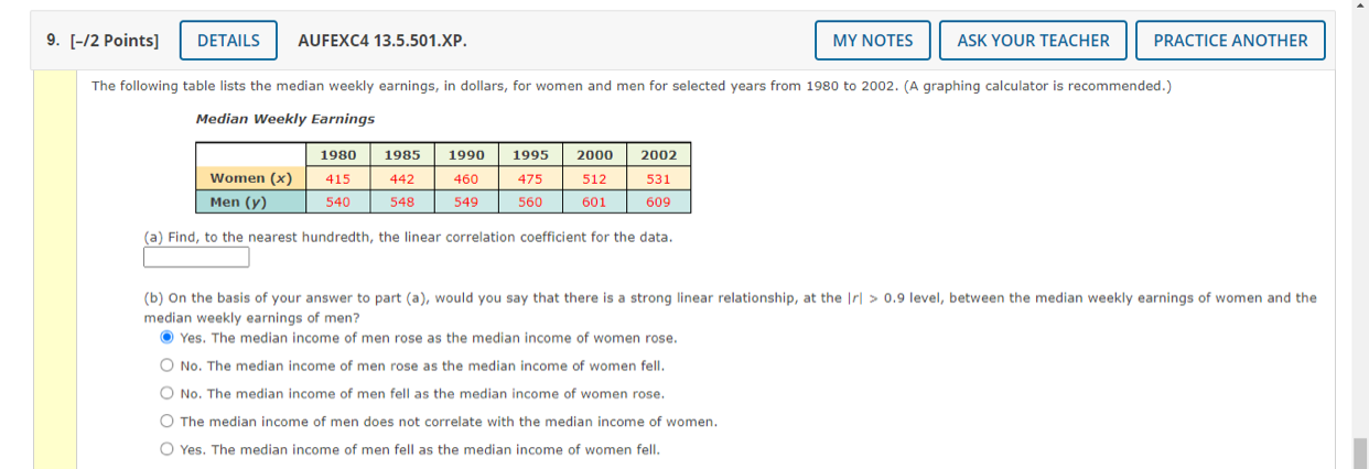 Solved 9. (-/2 Points] DETAILS AUFEXC4 13.5.501.XP. MY NOTES | Chegg.com
