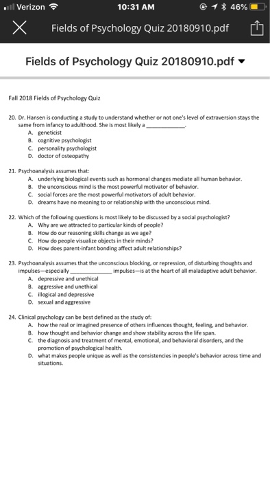 Solved .11 Verizon 10:31 AM Fields of Psychology Quiz | Chegg.com