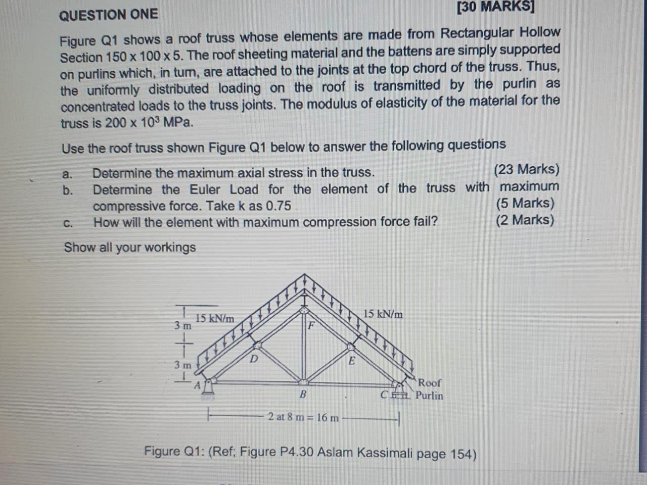 Solved [30 MARKS] QUESTION ONE Figure Q1 shows a roof truss | Chegg.com