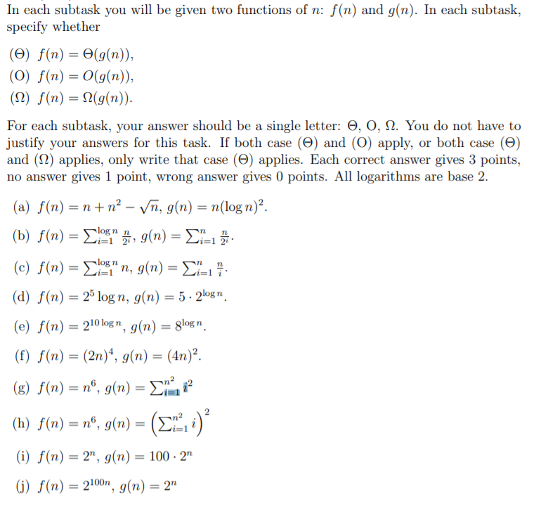 Solved In each subtask you will be given two functions of n: | Chegg.com