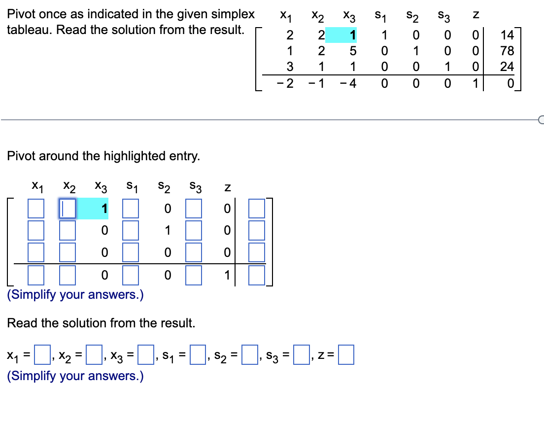 Solved Pivot around the highlighted entry. (Simplify your | Chegg.com