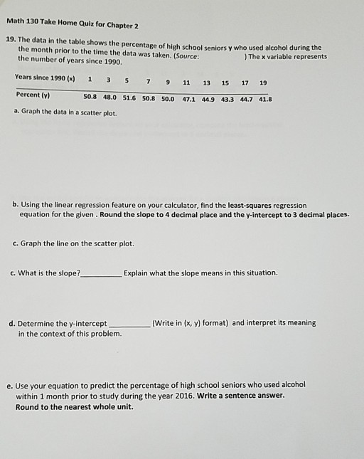 Solved Math 130 Take Home Quiz for Chapter 2 19. The data in | Chegg.com
