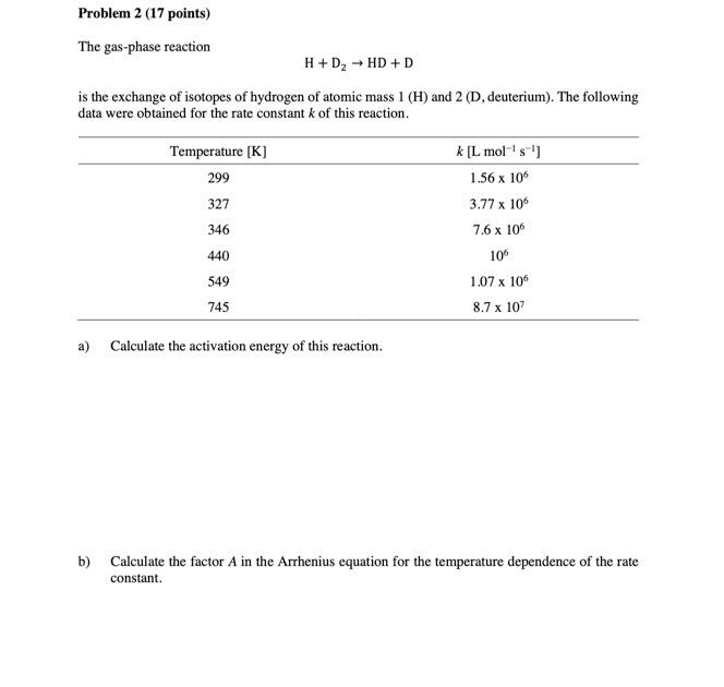 Solved Problem 2 (17 points) The gas-phase reaction H+D2 | Chegg.com