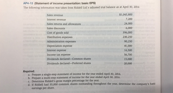 Solved AP4-13 (Statement of income presentation: basic EPS) | Chegg.com