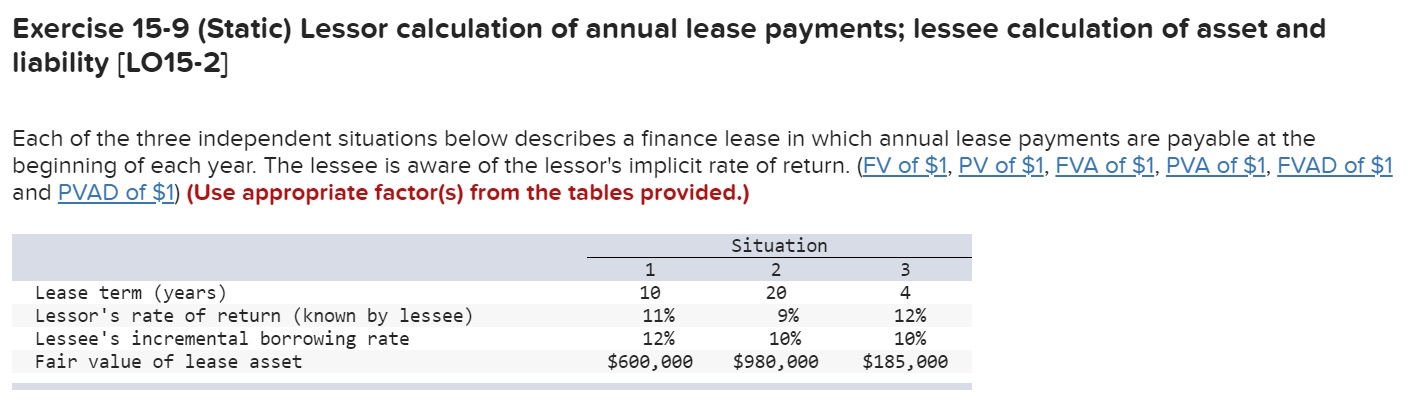 Solved Exercise 15-9 (Static) Lessor calculation of annual | Chegg.com