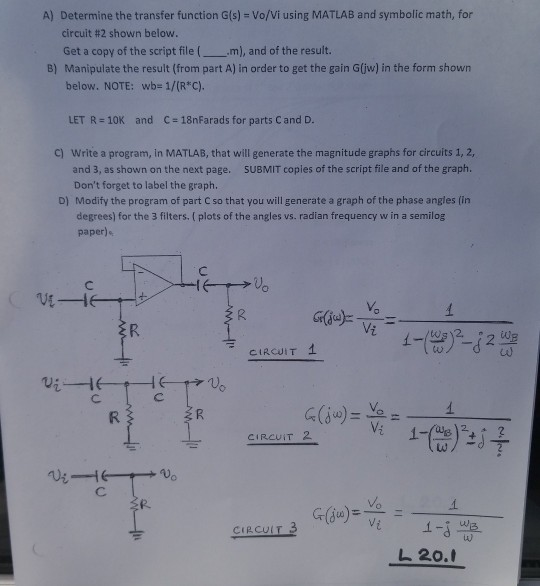 A) Determine the transfer function G(s) -Vo/Vi using | Chegg.com