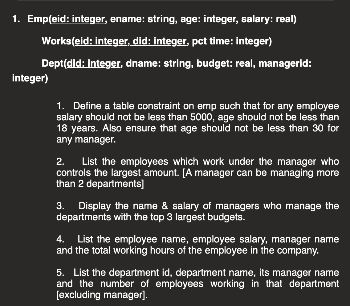 Solved 1. Emp(eid: integer, ename: string, age: integer, | Chegg.com