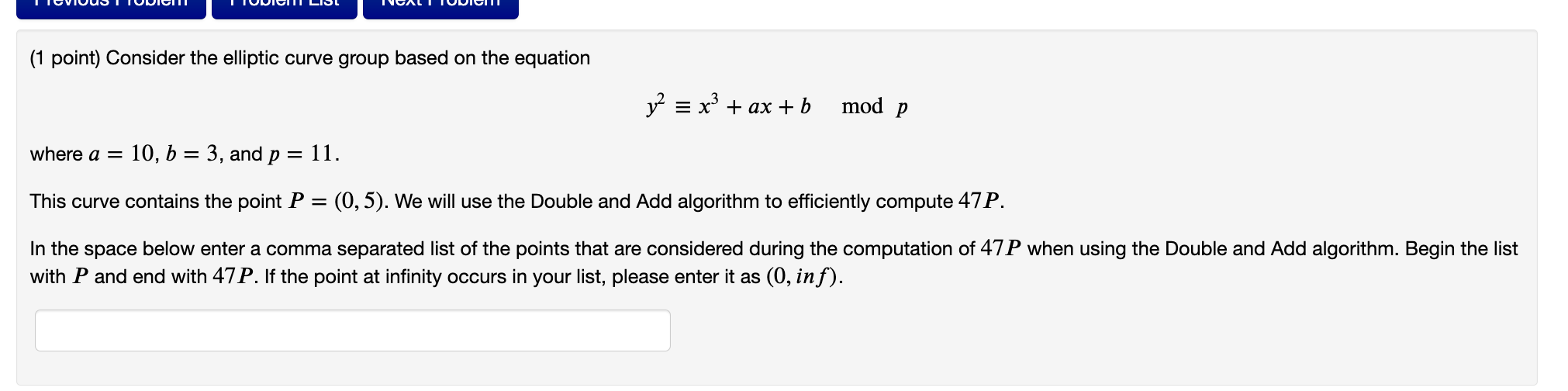 Solved (1 point) Consider the elliptic curve group based on | Chegg.com