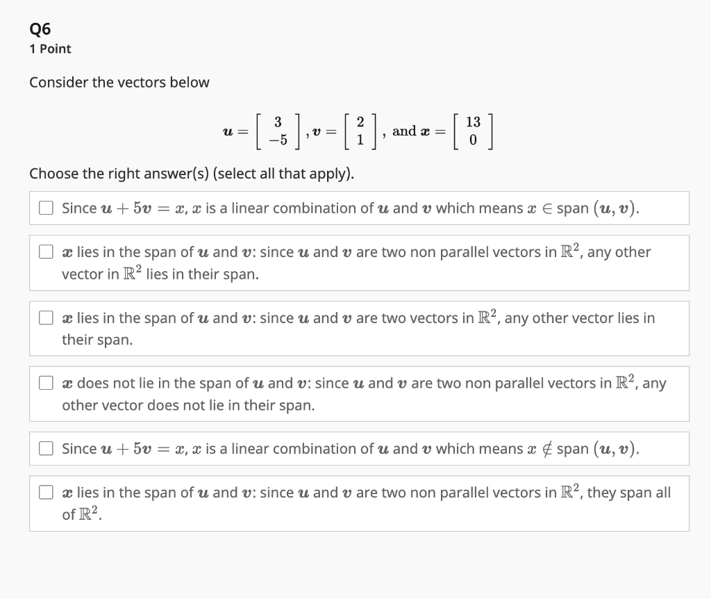 Solved Q6 1 Point Consider the vectors below u=[3−5],v=[21], | Chegg.com