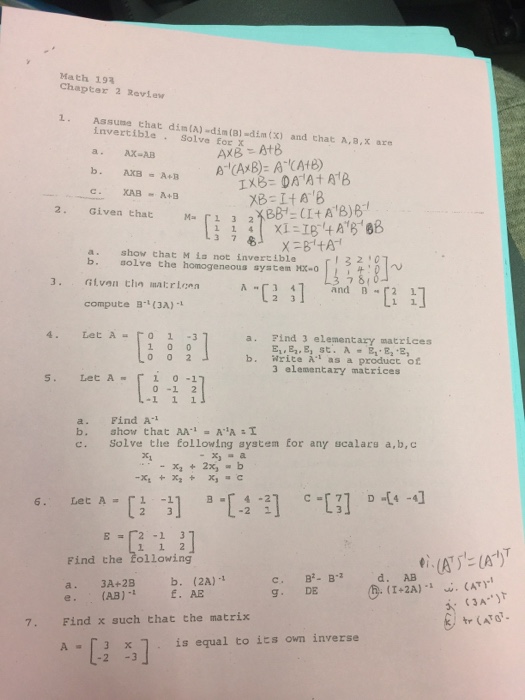Solved Math 19a Chapter 2 Review 1. invertible dim dim (Bu | Chegg.com