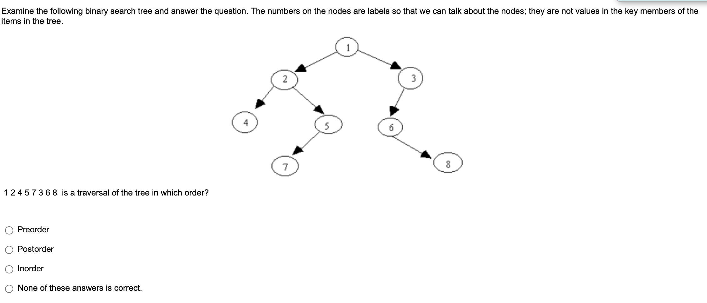 Solved 12457368 is a traversal of the tree in which order? | Chegg.com Solved 12457368 is a traversal of the tree in which order? | Chegg.com