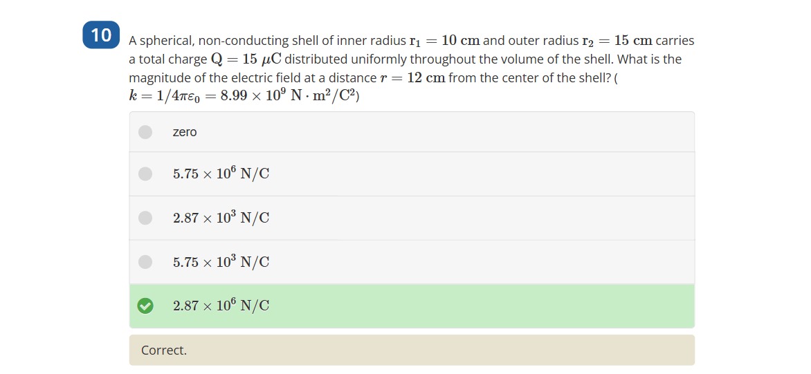 Solved 10 ﻿A spherical, non-conducting shell of ﻿inner | Chegg.com