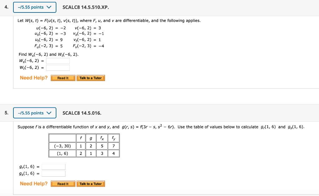 Solved -/5.55 points V S CALC8 14.5.510.XP. Let W(s, t) = | Chegg.com