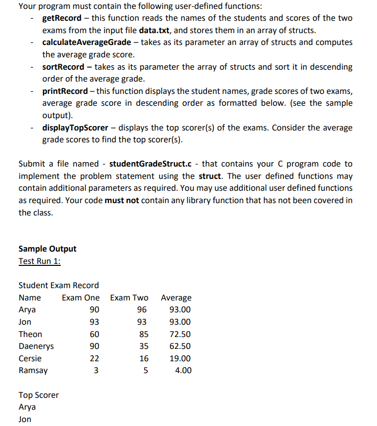 Solved The following program must be a C Program. Your | Chegg.com