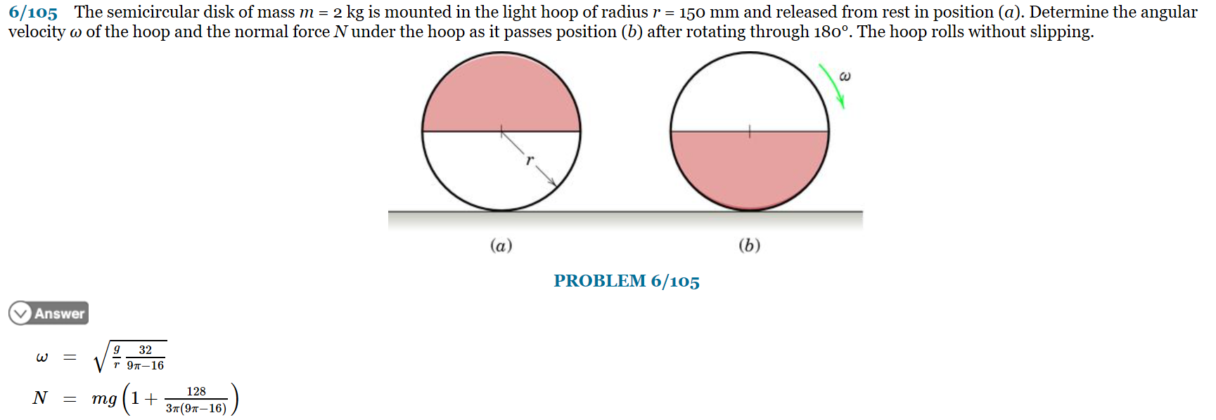 Solved 6/105 The semicircular disk of mass m = 2 kg is | Chegg.com